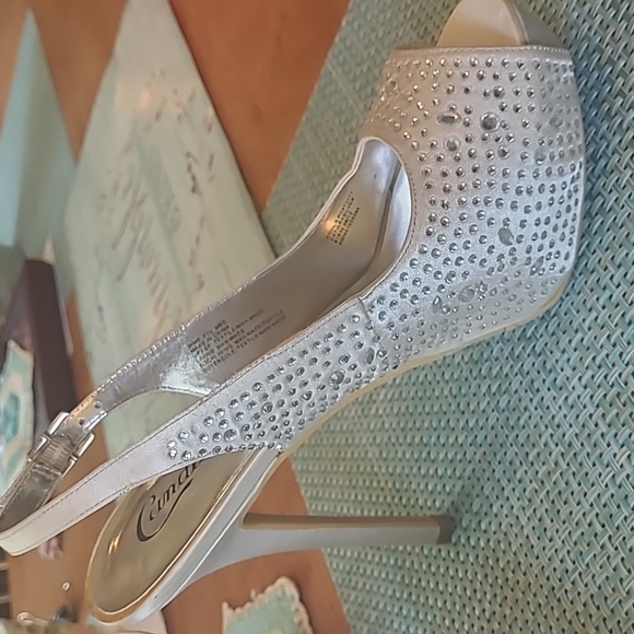 Candie's | Shoes | Candies Silver Satin Diamond Studded Slingback Open ...